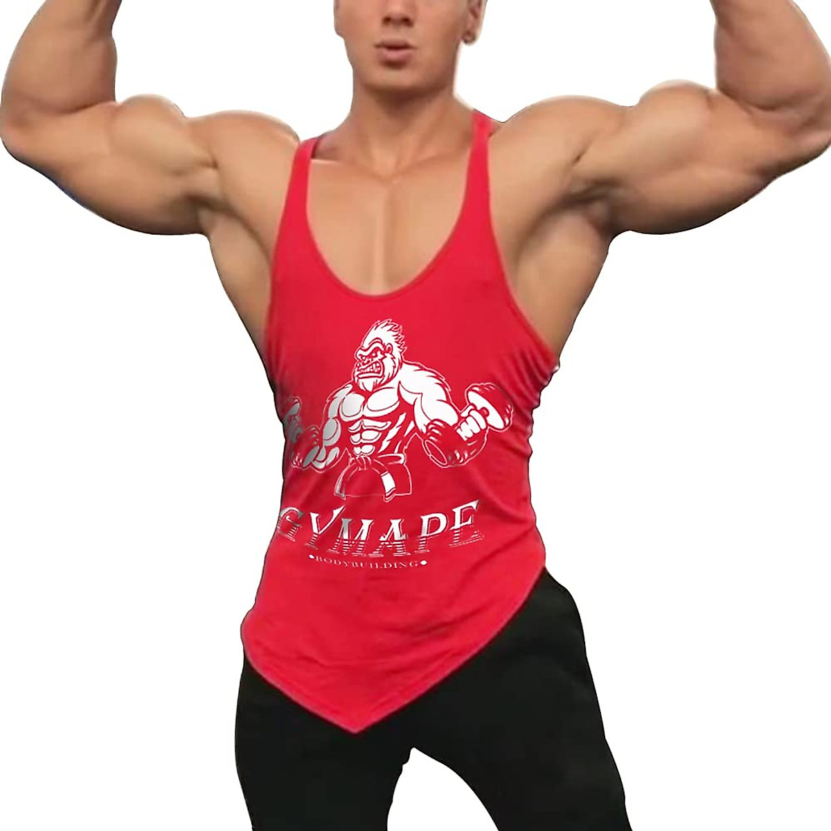 Men's Y-Back Bodybuilding Workout Stringer Tank Tops Muscle Sleeveless T Shirts with Incline Hem Color Red Size L