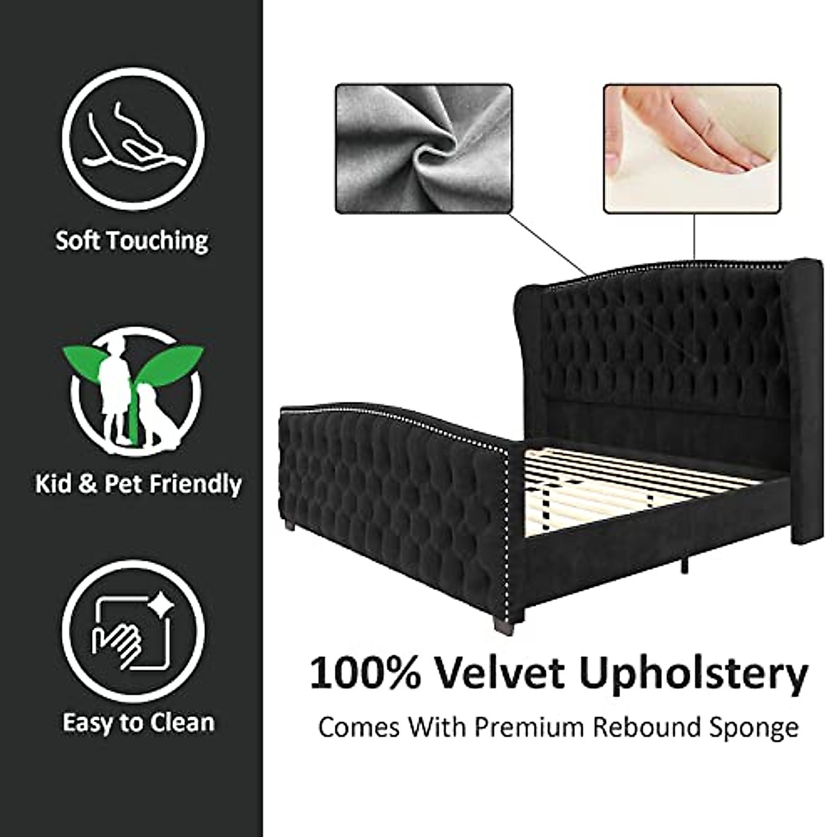 AMERLIFE King Size Platform Bed Frame, Velvet Upholstered Bed with Deep Button Tufted & Nailhead Trim Wingback Headboard/No Box Spring Needed/Black