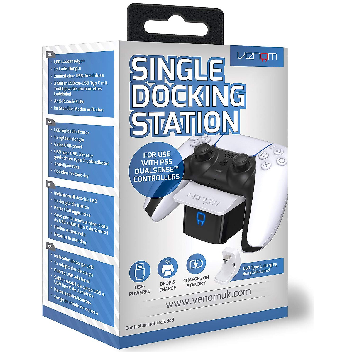 Venom PS5 Controller Charging Station, Slim Dock Compatible with PlayStation 5, Single Wireless Controller Charger with LED Indicators, Docking Station Stand with 1X USB Dongle