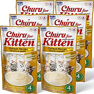 INABA Churu for Kittens, Grain-Free Creamy, Purée Lickable Cat Treats with DHA, EPA, Vitamin E & Taurine, 0.5 Ounces Each, 24 Tubes (4 per Pack), Chicken Recipe