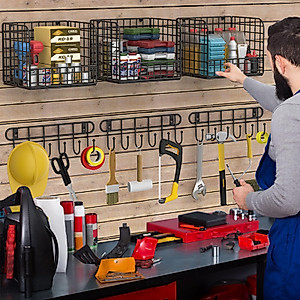 TomCare 3 Pack Garage Shelving Heavy Duty Garage Storage Shelves with Wire Baskets Laundry Room Shelves Wall Mounted Shelves with Hooks Tool Organizer for Shed Garden Kitchen Organization and Storage