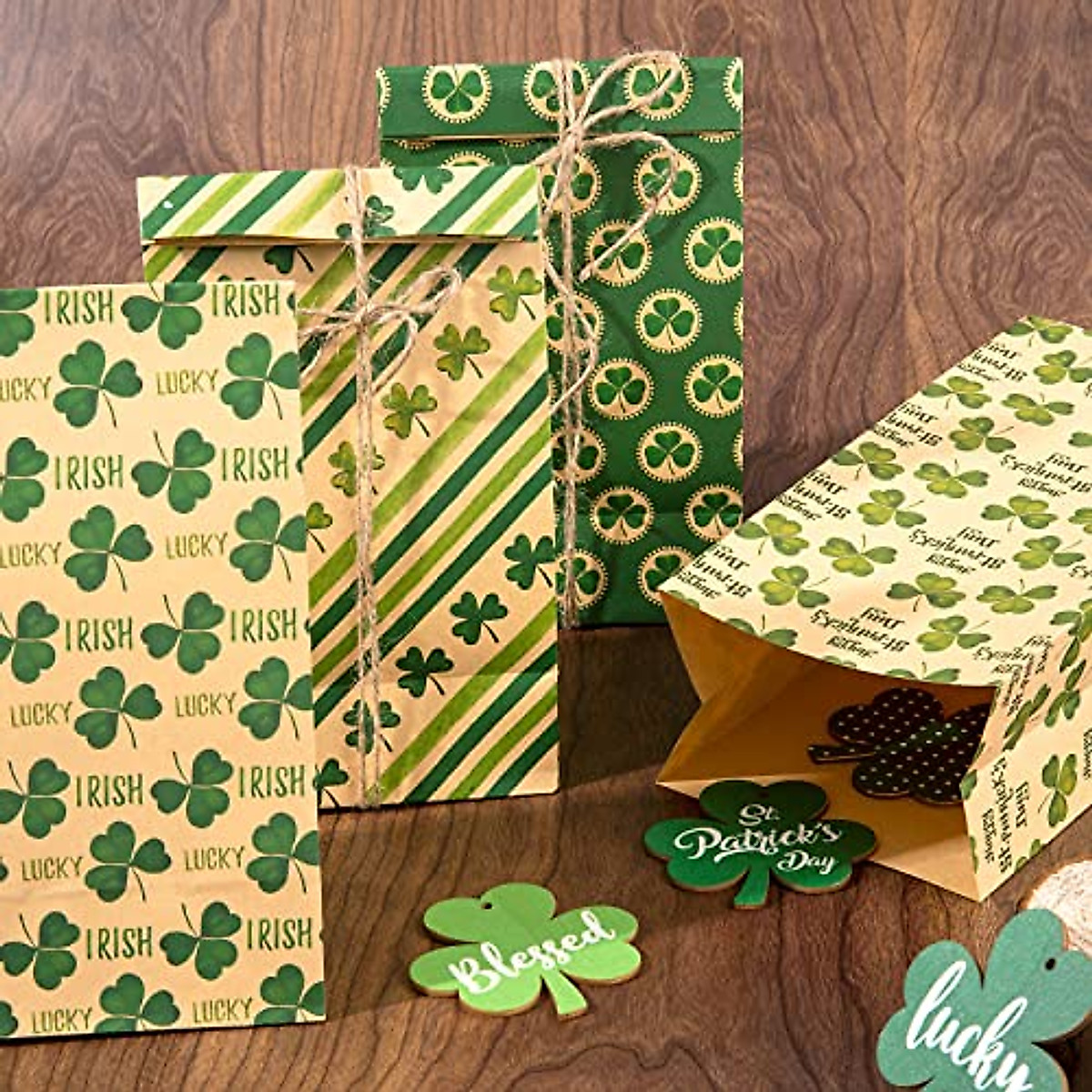 Whaline 60 Pack St. Patrick's Day Paper Gift Bags Kraft Shamrock Candy Treat Bags 6 Design Rustic Irish Flat Party Favor Bag Goodie Present Bag for Party Snack Cookie Craft Gift Wrapping Supplies