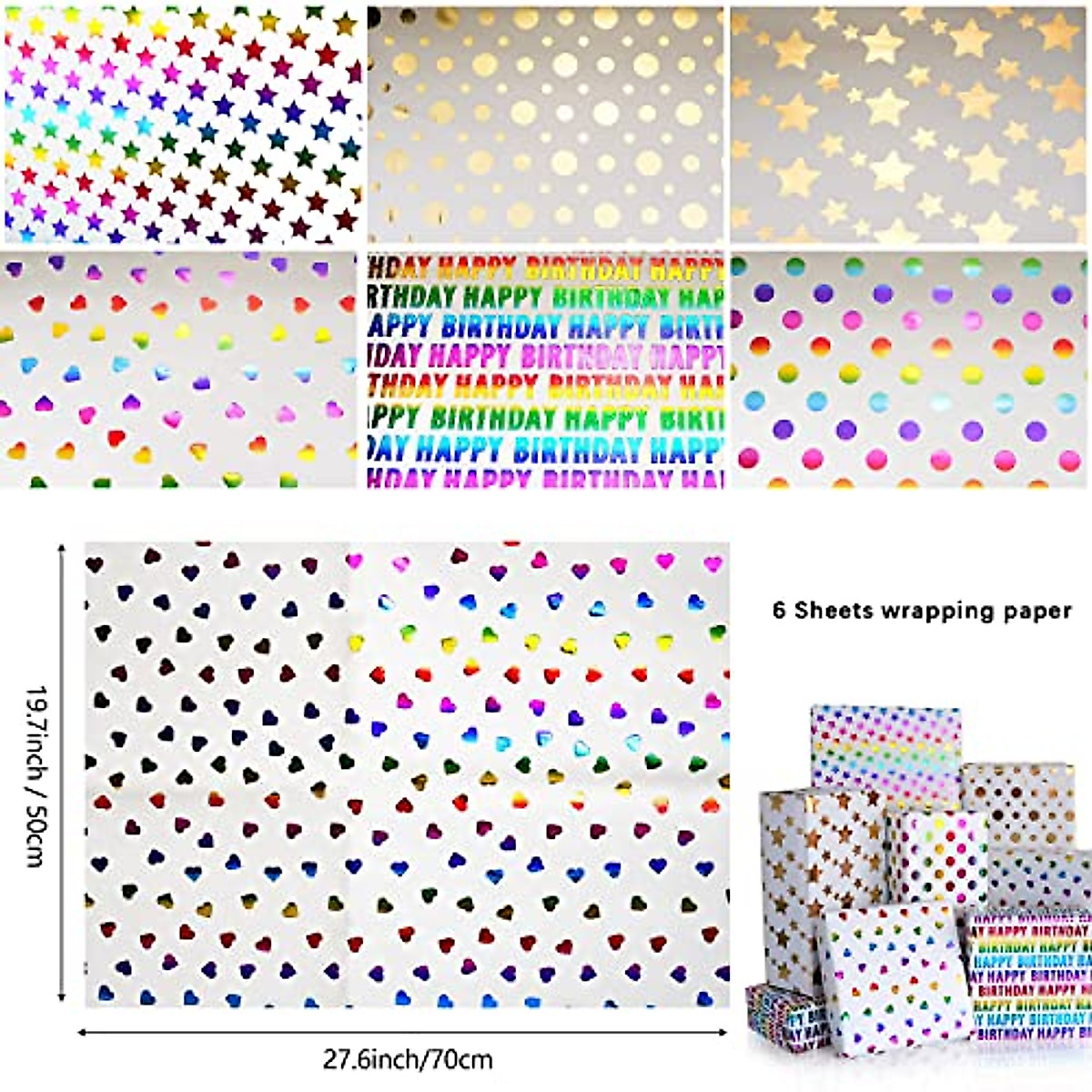 Gift Wrapping Paper Birthday, 6 Sheets Metallic Foil Wrapping Paper Set Colorful Gold Heart Dots Star Happy Birthday Wrapping Paper for Women Men, Gift Wrapping Paper for Any Occasions, 27x19 Inches