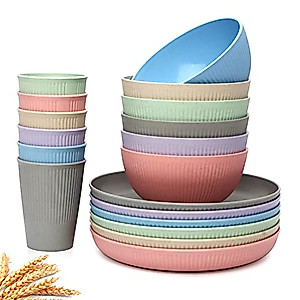 Wheat Straw Dinnerware Set, 18 Pcs Unbreakable Reusable Plates, Cups and Bowls Set for 6, Lightweight Dinner Plates and Bowls, Top-rack Dishwasher Safe
