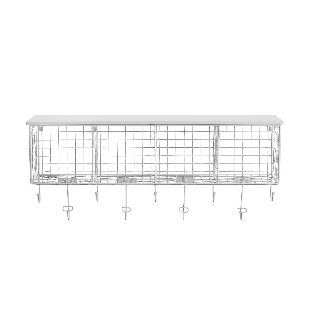 Linon Four Cubby Metal Wall Shelf with Top Shelf and 9 Hooks in White
