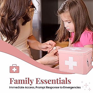 Flexzion First Aid Box Organizer, Empty 8.5 Inch Pink Vintage First Aid Kit Tin Metal Medical Box First Aid Storage Box Container Bins with Dividers, Removable Tray and Cross Logo