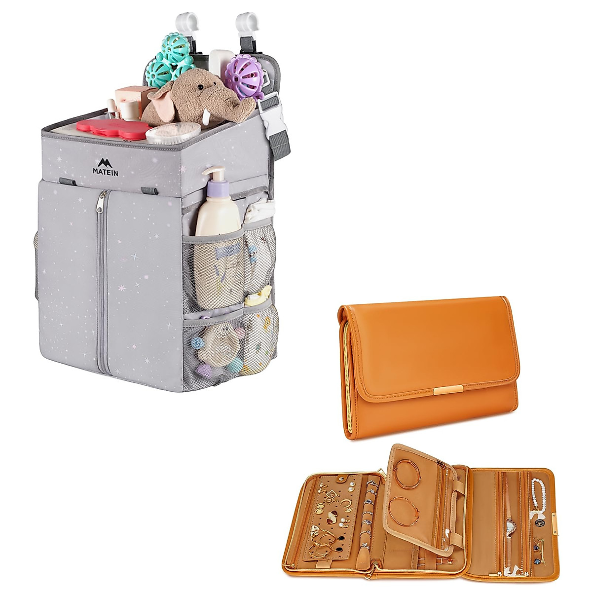 MATEIN Hanging Diaper Caddy, Portable Diaper Organizer Stacker, Nursery Storage for Changing Table, Jewelry Travel Organizer, Waterproof PU Leather Tangle Free Women Jewelry Case Holder