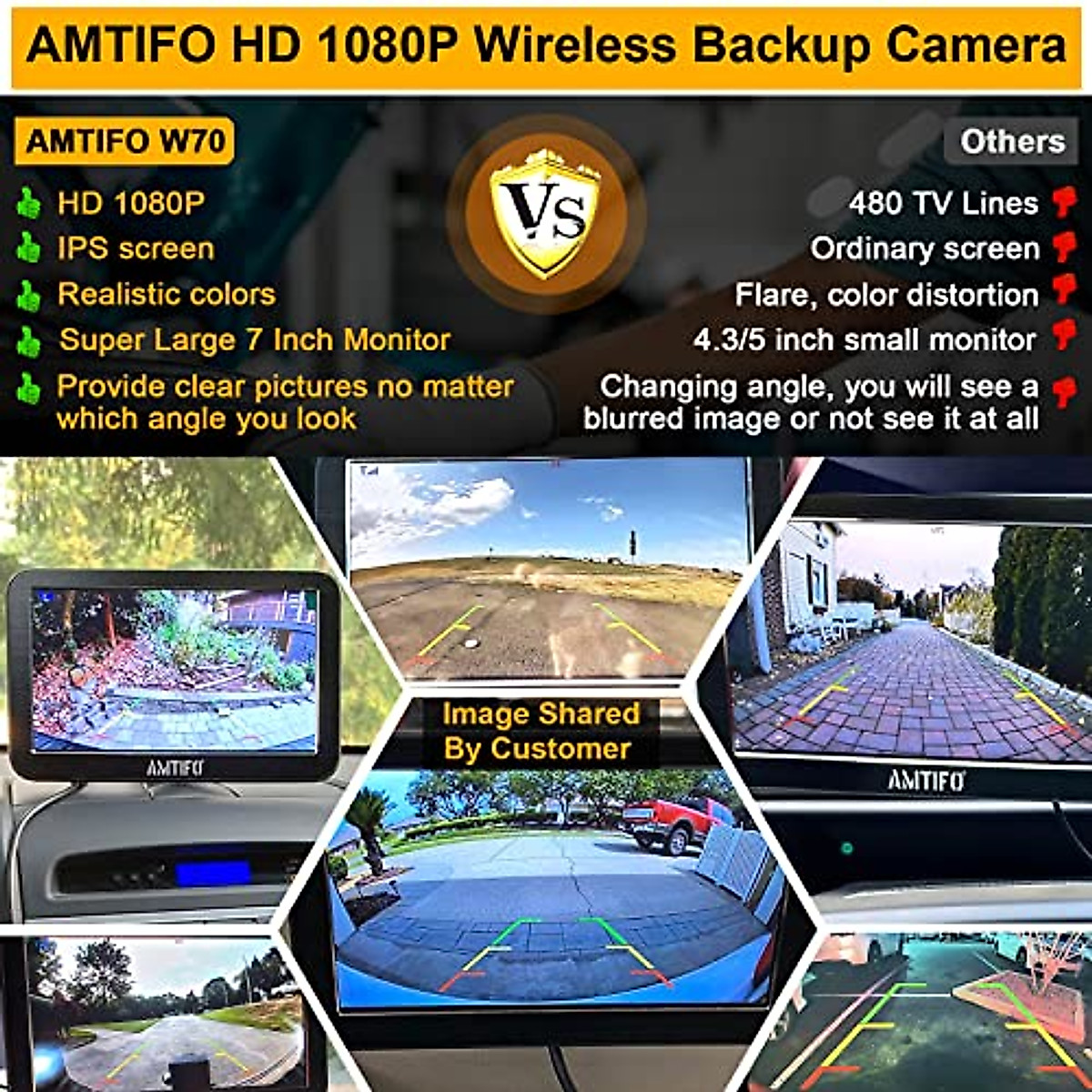 AMTIFO Wireless Backup Camera Car HD 1080P WiFi Rear View System 7 Inch Monitor Kit Truck Camper RV Hitch Auto License Plate Back Cam W70