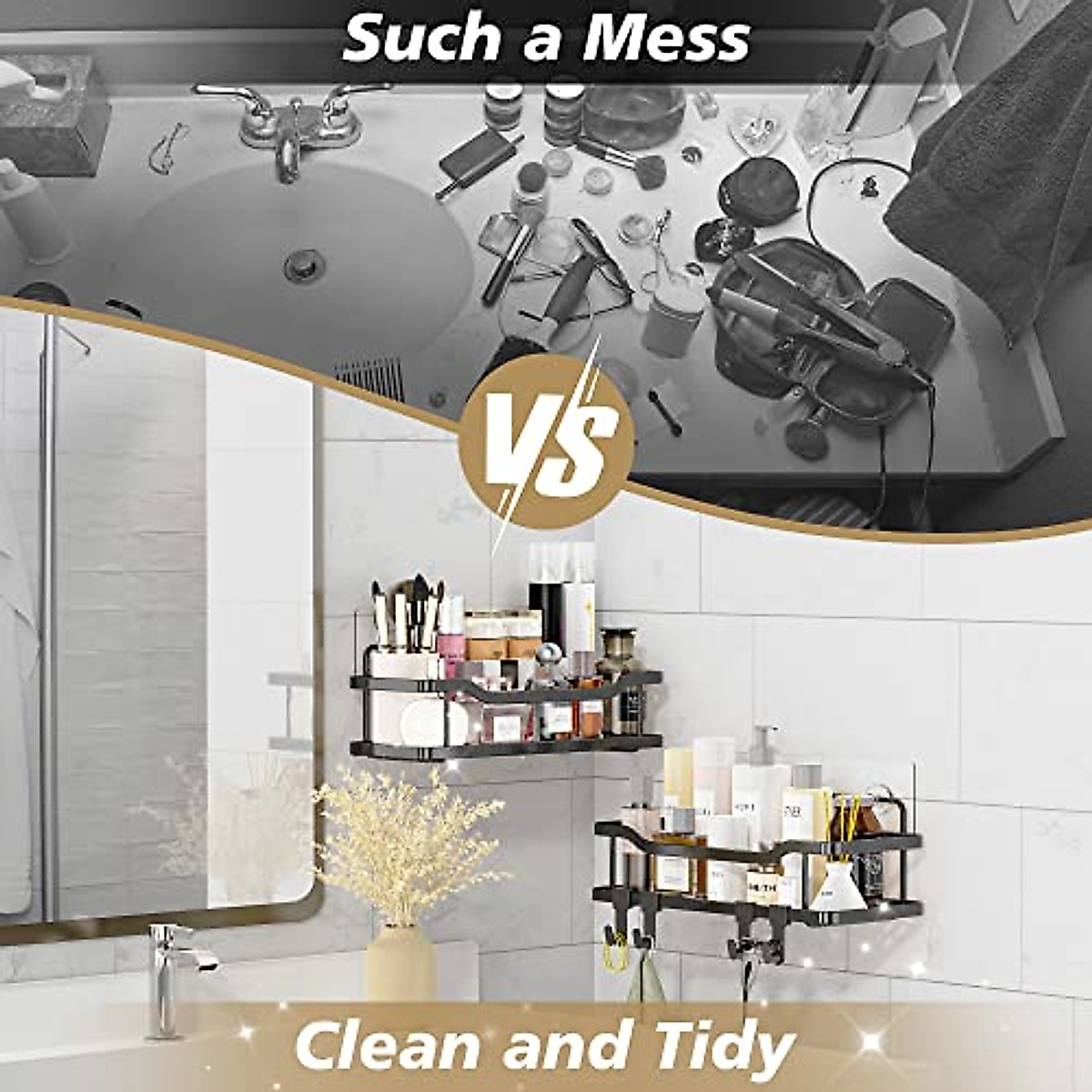 OMAIRA 2-Pack Adhesive Shower Caddy, Shower Shelf, No Drilling Rustproof Stainless Steel Shower Organizer for Inside Shower & Kitchen Storage (Matte Black)