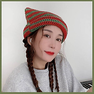 Cat Ear Beanie Y2K Striped Crochet Hat Fairy Grunge Headwear Accessories (Black,M(56-58cm))