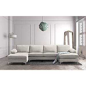 Eafurn U-Shaped Sectional w/Reversible Chaise Lounge and Ottoman, 128.3”5-Seater Convertible Corner Modern Design Comfy Sofa & Couch for Living Room Office, Light Grey