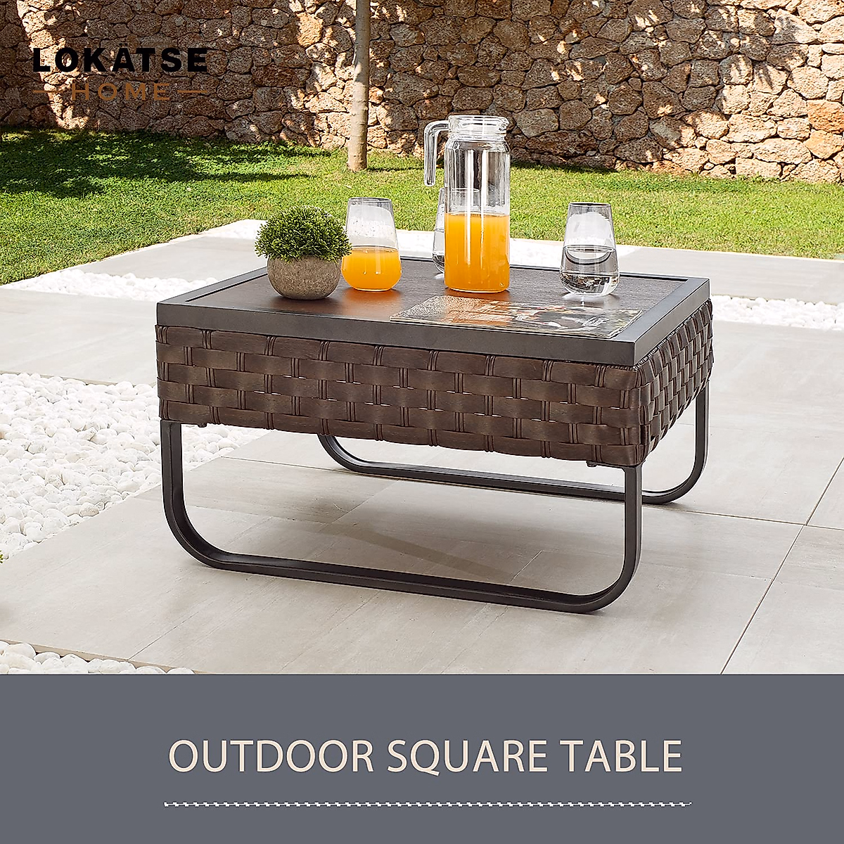 LOKATSE HOME Patio Dining Furniture Outdoor Square Bistro Side Coffee Table with Rattan Wicker Metal Slatted Steel Frame Aluminum Plastic Plate Wood Grain Desktop, Brown