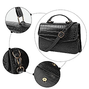 Goodbag Women Crocodile PU Leather Clutch Purse Detachable Shoulder Strap Tote Handbag, Black
