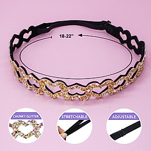 FROG SAC 6 Glitter Headbands for Girls, Adjustable Non Slip Thin Elastic Heart Hair Bands for Kids, Cute Stretchy Nonslip Teen Girl Hair Accessories, Sparkly Bling Headband for Tweens