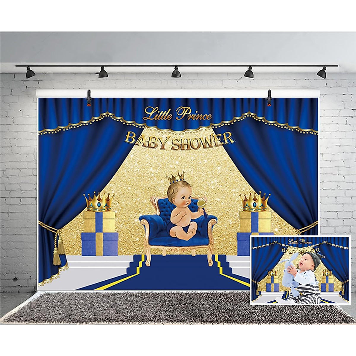 DORCEV 8x5ft Royal Little Prince Baby Shower Photography Backdrop Blue Curtain Carpet Gold Crown Background for Royal Newborn Baby Shower Party Supplies Photo Studio Props