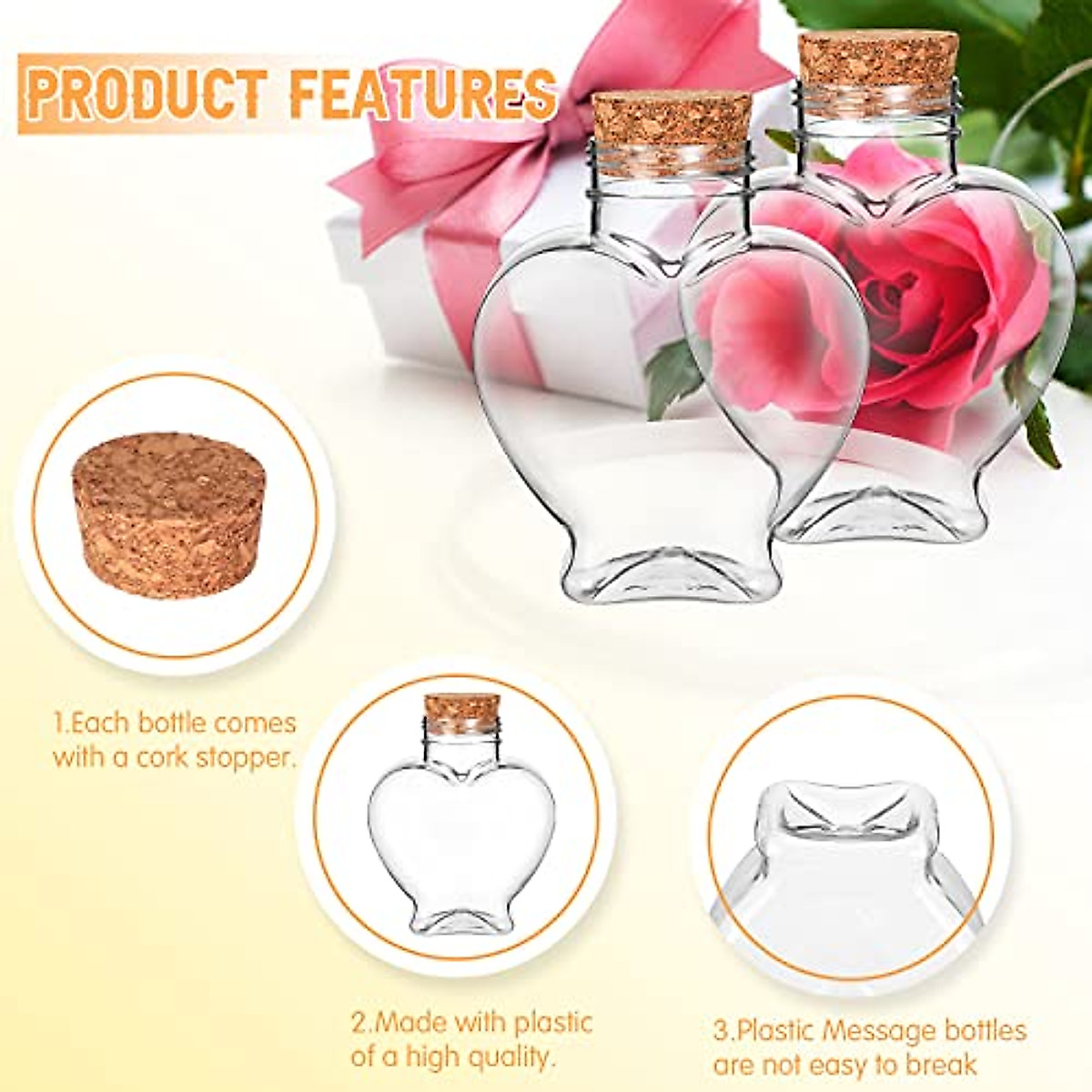 Yinkin 30 Pcs 5.5 oz Heart Shape Plastic Jar with Cork Lids Small Heart Clear Plastic Wish Bottles for Valentine's Day Anniversary Birthday Wedding DIY Decoration