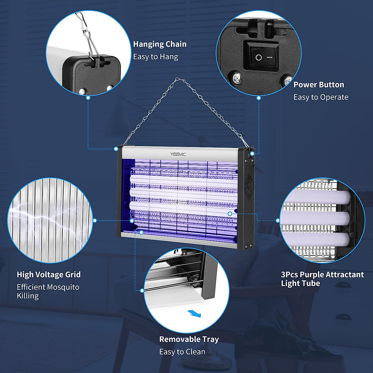 YISSVIC LED Bug Zapper Indoor,4000V Electric Bug Zapper, Powerful Mosquito Zapper,LED Fly Zapper Indoor, Mosquito Killer with 3 Lamps 4.9ft Power Cord for Home Office Restaurant