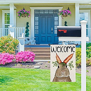 Easter Bunny Garden Flag 12x18 Inch Burlap Double Sided Outside, Welcome Easter Carrot Holiday Sign Yard Outdoor Decoration DF218