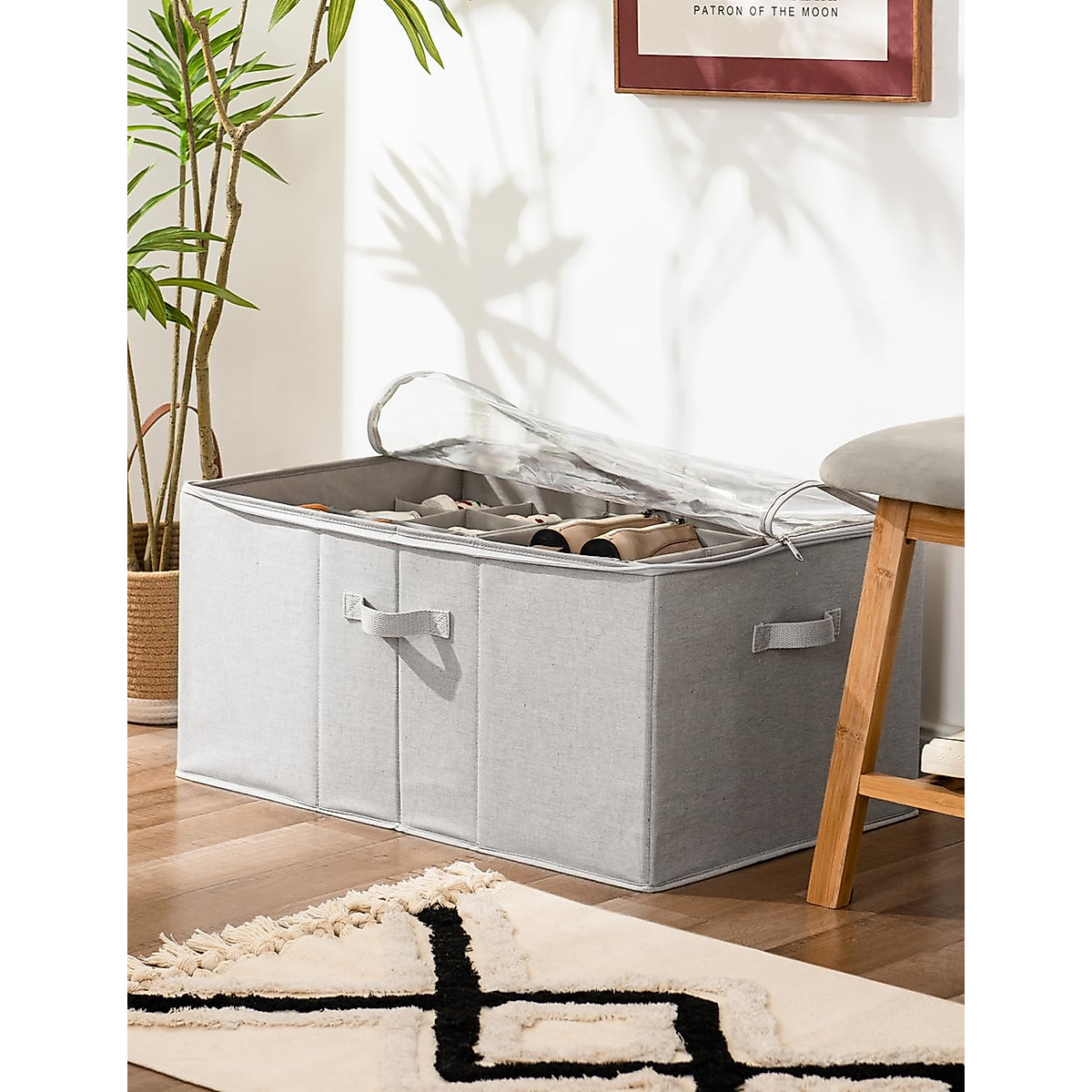 StorageWorks Shoe Organizer for Closet, Extra Large Fabric Shoe Storage Bins with Clear Cover, Adjustable Dividers for Shoe Storage, Grey, 1-Pack, Fits up to 24 Pairs