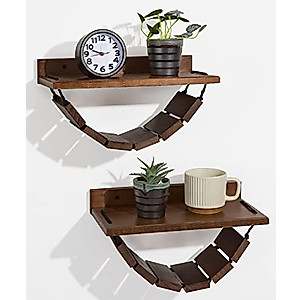 Sivapleso Floating Nightstand Set of 2, Wood Wall Mounted Nightstand Desk Bedside Tables Floating Shelves with Hammock Rustic Decor for Living Room, Bedroom, Kitchen, Office