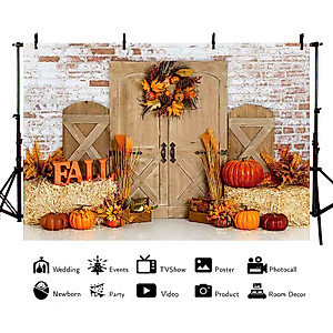 AIBIIN 10x7ft Fall Thanksgiving Backdrop for Photography Autumn Pumpkin Harvest Barn Brick Wall Background Rustic Wooden Door Haystack Landscape Maple Wreath Portrait Photoshoot Prop Studio Banner