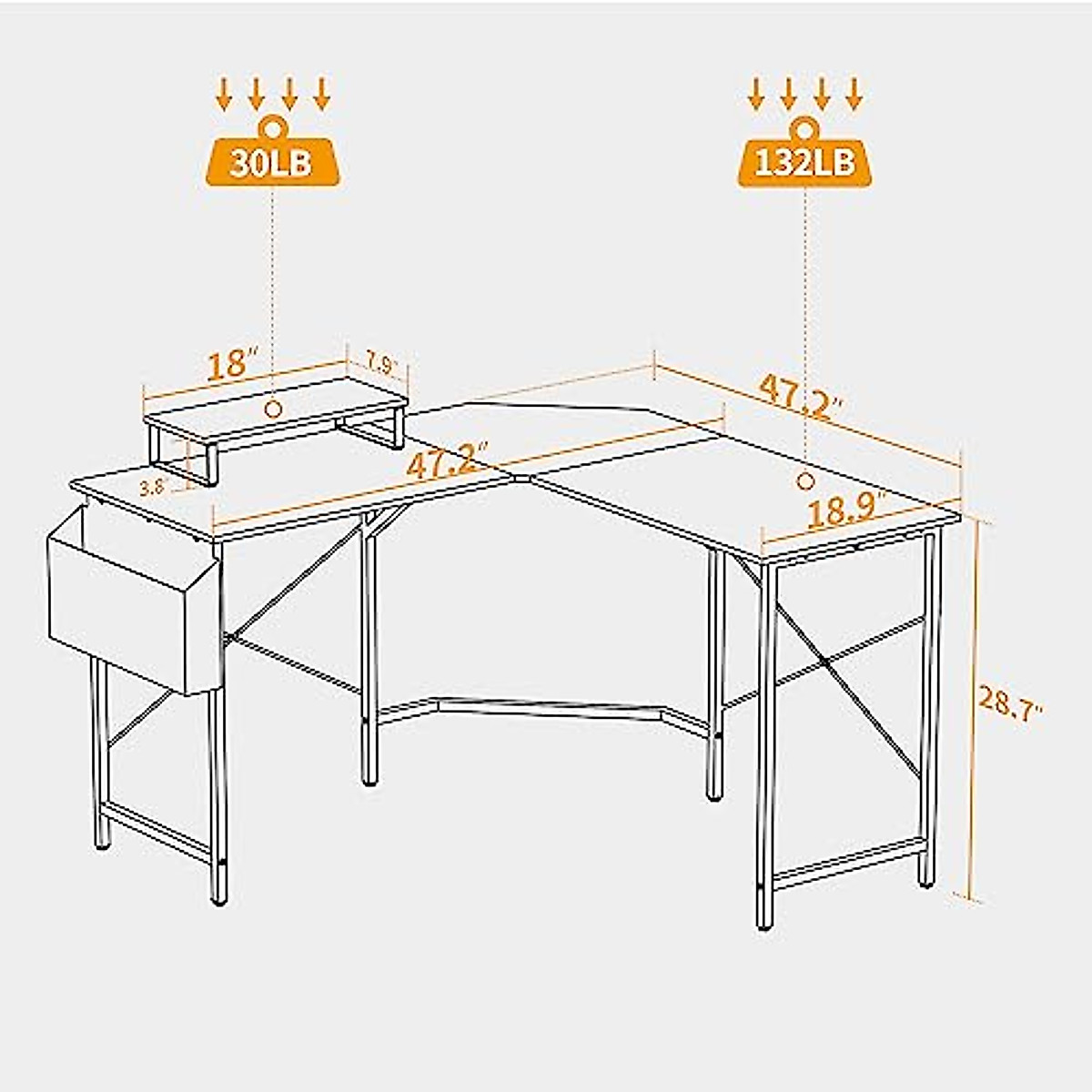 CubiCubi L Shaped Gaming Desk, 47.2 inch Computer Corner Desk with with Carbon Fiber Surface and Monitor Shelf for Home Office Study Writing Workstation, Black