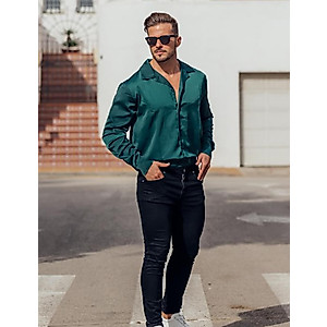 COOFANDY Mens Dress Shirts Long Sleeve Satin Button Down Shirts Shiny Prom Party Shirts Lake Green