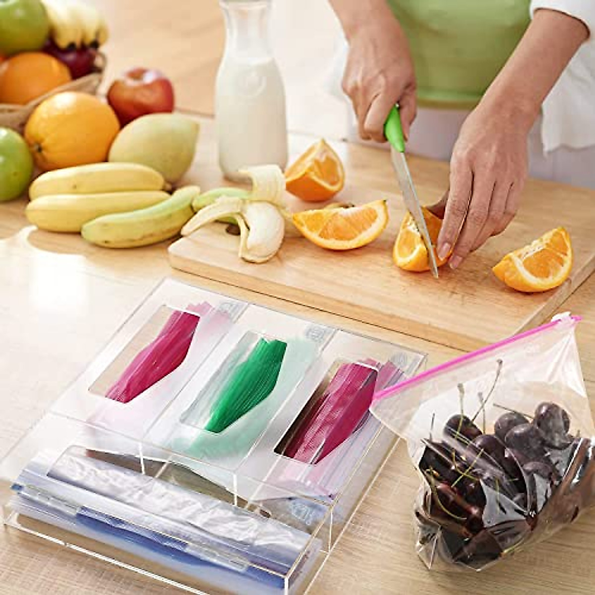 Food Bag Storage Organizer, KEPDTAI Ziplock Bag Organizer Holders Acrylic Kitchen Drawer Compatible with Ziploc, Solimo, Hefty, Glad, Gallon, Quart, Sandwich, Snack, Variety Size Bags (Clear)