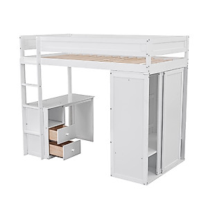Harper & Bright Designs Twin Size Loft Bed with Desk and Wardrobe, Wooden Twin Loft Bed with 2 Storage Drawers Cabinet, Twin Bedframe for Kids, Teens, Adults Boys & Girls (Loft Bed Twin, White)