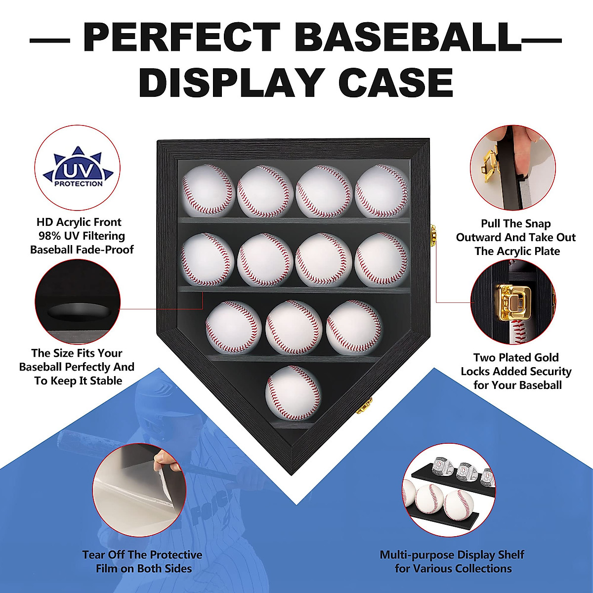 Kacorn Baseballs and Championship Rings Display Case Wall Cabinet with 12 Holders, 98% UV Protection, Wood Ideal for Collection Autographed Baseball Ball Holder