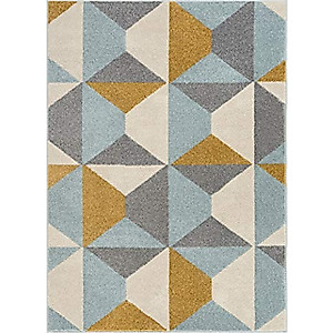 Yara Scandanavian Abstract Geometric Blue & Mustard Yellow Area Rug 5x7 (5'3" x 7'3")