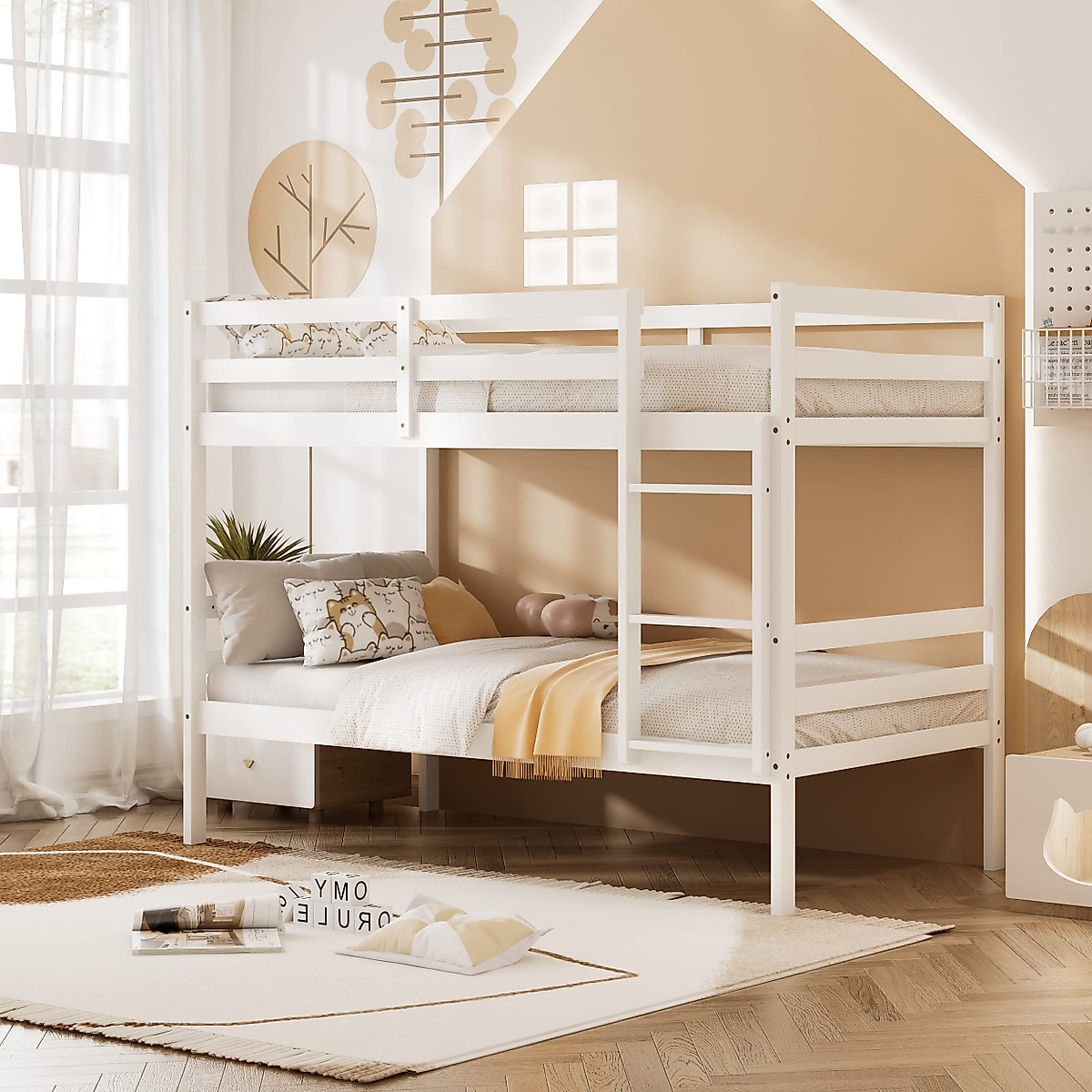 KOMFOTT Wood Bunk Bed Twin Over Twin, Bunk Bed with Ladder & Safety Guardrail, Solid Wood Bed Frame, Ideal for Dormitory & Multiple-Child Family, No Box Spring Needed, Kids Bunk Bed