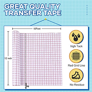 HTVRONT Transfer Tape for Vinyl - 12" x 10 FT Red Alignment Grid Clear Transfer Paper for Vinyl for Self Adhesive Vinyl - High Tack Transfer Tape for Cricut, for Signs Stickers Decals Walls Doors