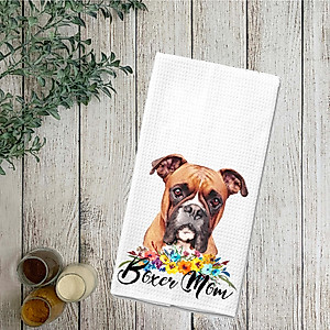 Boxer Mom Floral Waffle Weave Microfiber Kitchen Hand Towel Gift for Dog Lover