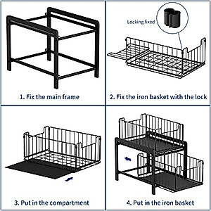 2 Tier Under Sink Organzier, NPPLUS Iron Under Sink Cabinet Organizers With Sliding Drawer, Pull-Out Home Organizer For Bathroom, Kitchen - Black