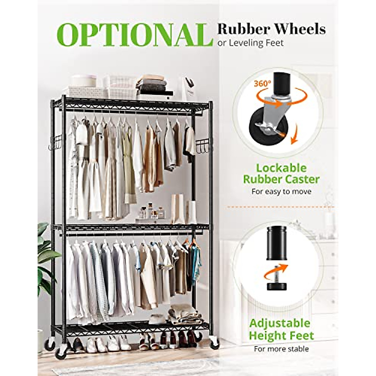 HOKEEPER Heavy Duty Wire Garment Rack Clothes Rack with Shelves and Double Rods, Rolling Clothing Rack for Hanging Clothes, Portable Freestanding Closet Storage Shelves Rack with Wheels and Hooks