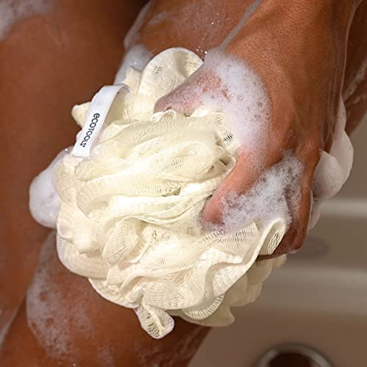 EcoTools Delicate EcoPouf 4 Pack, Loofah Sponge for Bath & Shower, Recycled Netting, Gentle Exfoliation, Pouf for Body Wash, Eco-Friendly Bath Accessory, Cruelty-Free, Color May Vary, (60g Each)