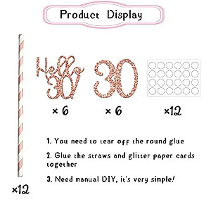 30th Birthday Paper Straw Decor, Happy 30th Birthday Decorations, Hello 30, 30th Anniversary/Birthday Party Drinking Decorative Straws, Cheer 30 Years Old Party Supplies 12 Pieces Rose Gold