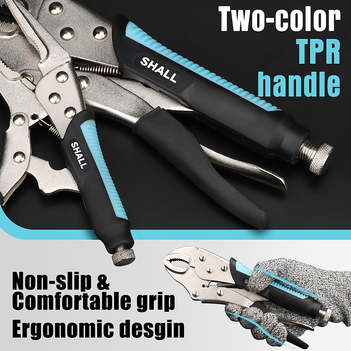 SHALL 6-Piece Locking Pliers, Vice Grips Pliers Set, 5",7" & 10" Curved Jaw Locking Pliers, 6-1/2" & 9-1/2 Long Nose Locking Pliers, 6" Locking C-Clamp, Two-Color TPR Handle, Roll Up Pouch Included
