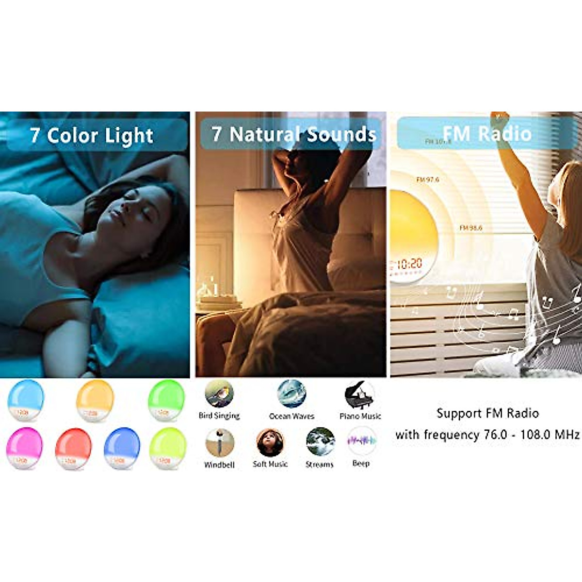 Wake Up Light Sunrise Alarm Clock for Kids, Heavy Sleepers, Bedroom, with Sunrise Simulation, Sleep Aid, Dual Alarms, FM Radio, Snooze, Nightlight, Daylight, 7 Colors, 7 Natural Sounds, Ideal for Gift