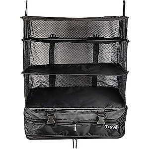 Grand Fusion Housewares Stow-N-Go Luggage and Travel Organizer, Travel Essentials, Hanging Packing Cubes With Hanging Shelves And Laundry Storage Compartment, Black