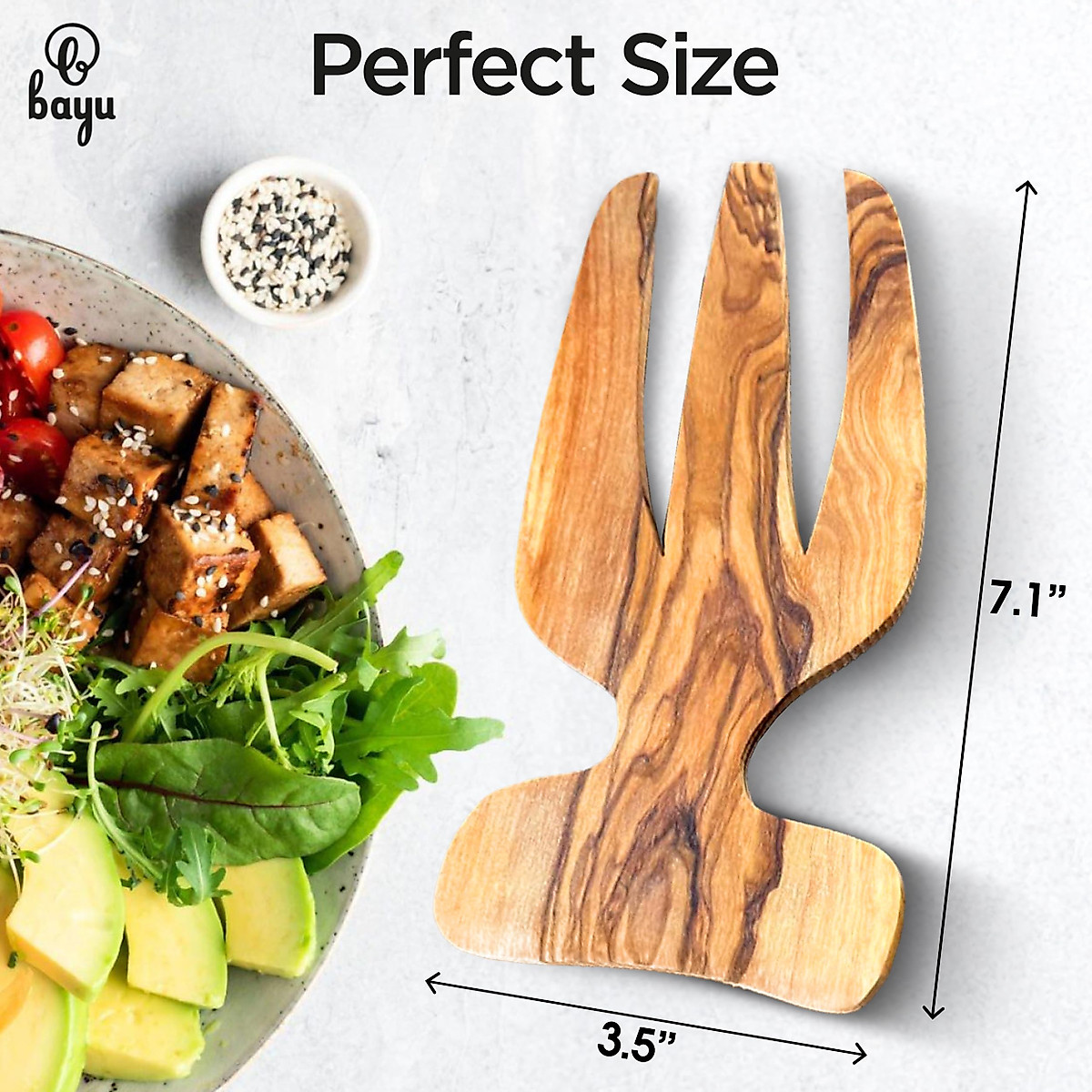 Bayu Olive Wood Handmade Salad Hands - One Pair of Salad Tongs, Salad Servers for Dinner, Wooden Salad Tongs for Salad, Pasta, and More