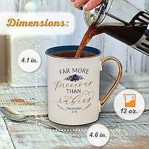 Christian Art Gifts Ceramic Coffee & Tea Mug for Women 12 oz Navy Blue Floral w/Gold Accents Inspirational Bible Verse Mug -More Precious than Rubies - Proverbs 3:15 Lead-free Scripture Cup