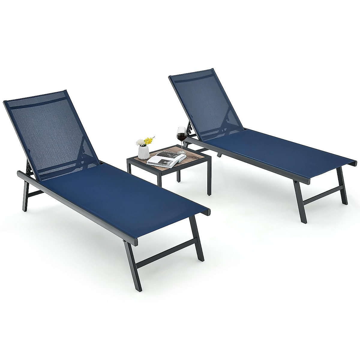 Tangkula 3 Piece Patio Chaise Lounge Set, Aluminum Patio Recliner with Coffee Table, 6-Level Backrest Adjustment, Outdoor Lounge Chair & Side Table Set for Poolside, Backyard (Navy Blue)