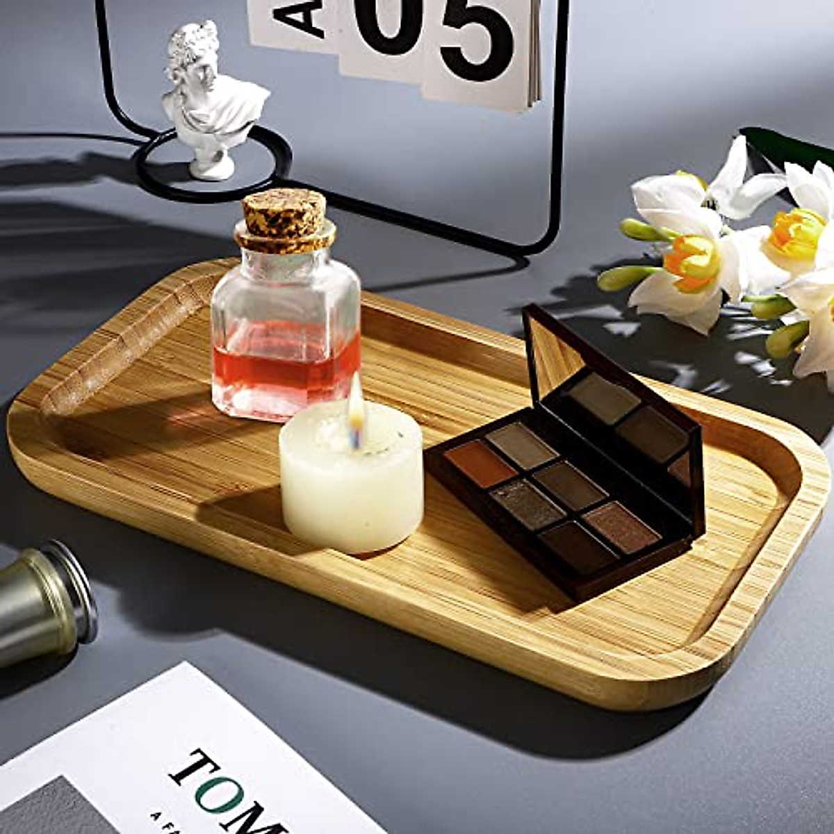 2 Pcs Bamboo Tray Bathroom Counter Tray Bathroom Tray Organizer Bamboo Toothbrush Holder Bathroom Counter Decor, 11.4 x 6.3 x 0.8 Inches, 9.8 x 5.5 x 0.8 Inches