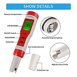 iPower Digital Water, 4 in 1 Tester with pH/TDS/EC/Temp Function, ±0.1 High Accuracy, 0-14 Measurement Range for Hydroponics, Aquarium, Pond, 4-in-1, Red and White