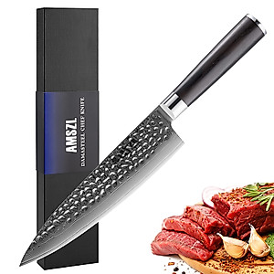 AMSZL Damascus Chef Knife 8-inch Japanese VG10 Stainless Steel Sharp Professional Kitchen knife, Hammered Forged, Ergonomic Ebony Handle, with GiftBox