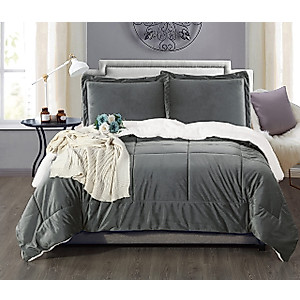 Elegant Comfort Super Soft Sherpa Comforter 3-Piece Set Premium Quality, Heavy Weight Reversible Down Alternative Micro-Suede, Sherpa Comforter, Cal King, Silver Gray