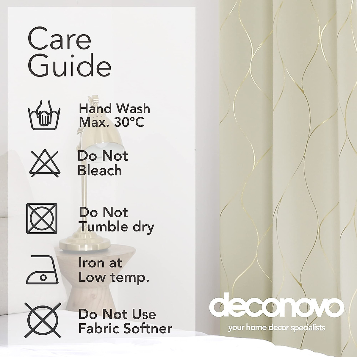 Deconovo Gold Wave Print Blackout Curtains for Bedroom, Thermal Insulated Curtains for Living Room, Room Darkening Drapes (Light Beige/Wave, 52x63 Inch, 2 Panels)