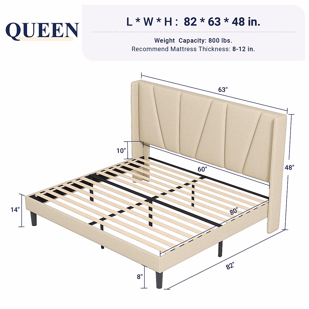 Allewie Queen Size Platform Bed Frame with Geometric Wingback Headboard, Modern Upholstered Bed with Wooden Slats Support, No Box Spring Needed, Easy Assembly, Beige